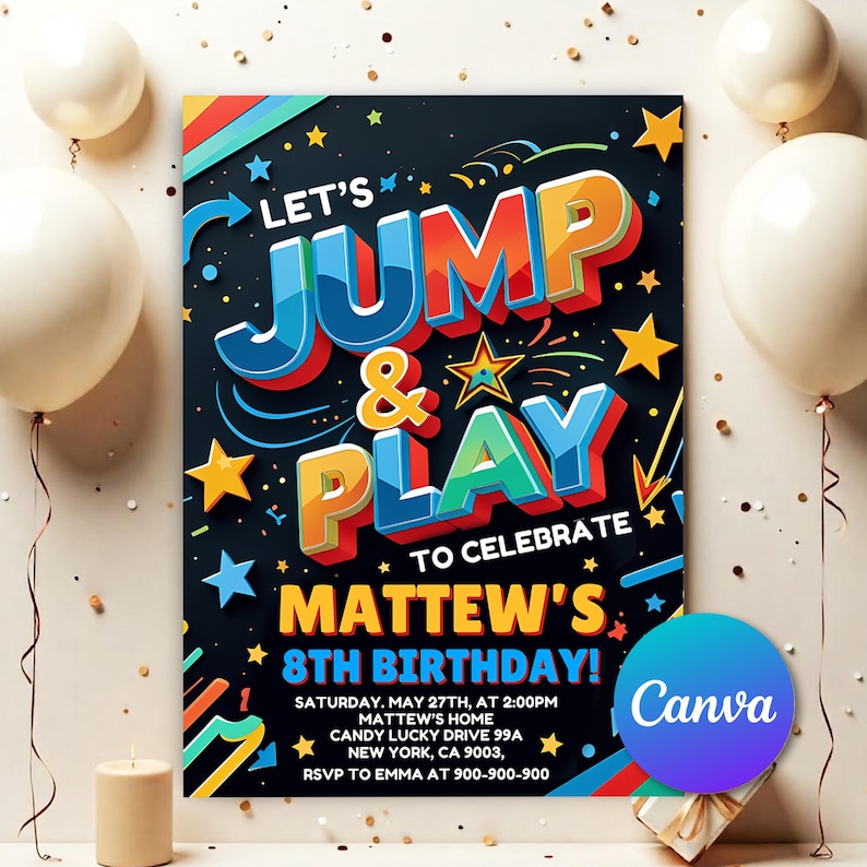 Jump & Play Birthday Invitation, Jump Party Invitation, Bounce House ...