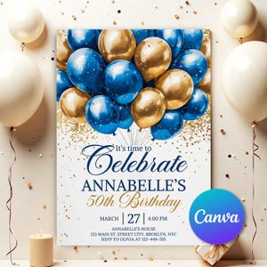 Editable Template Adult Men's Blue Silver Gold Decor Birthday Party ...