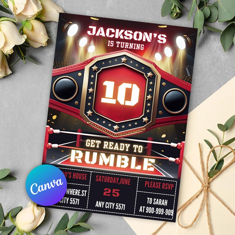 Wrestling Birthday Party Invitation, Printable Boxing MMA Ticket Invite ...