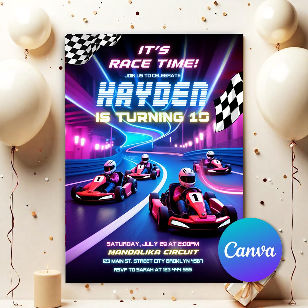 Go Kart Birthday Party Invitation, Go Karting Racing Invitation ...