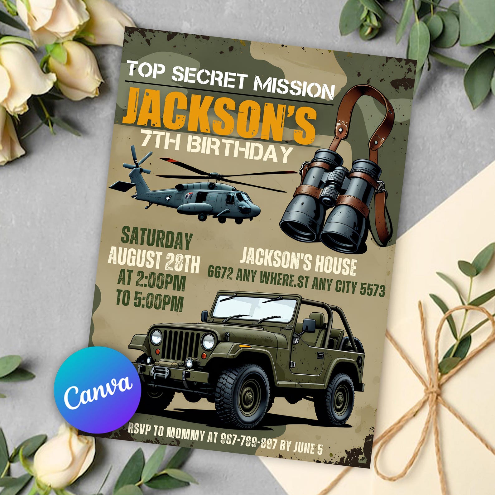 Army Birthday Invitation for Kids, Military Party Invitations, Soldier ...