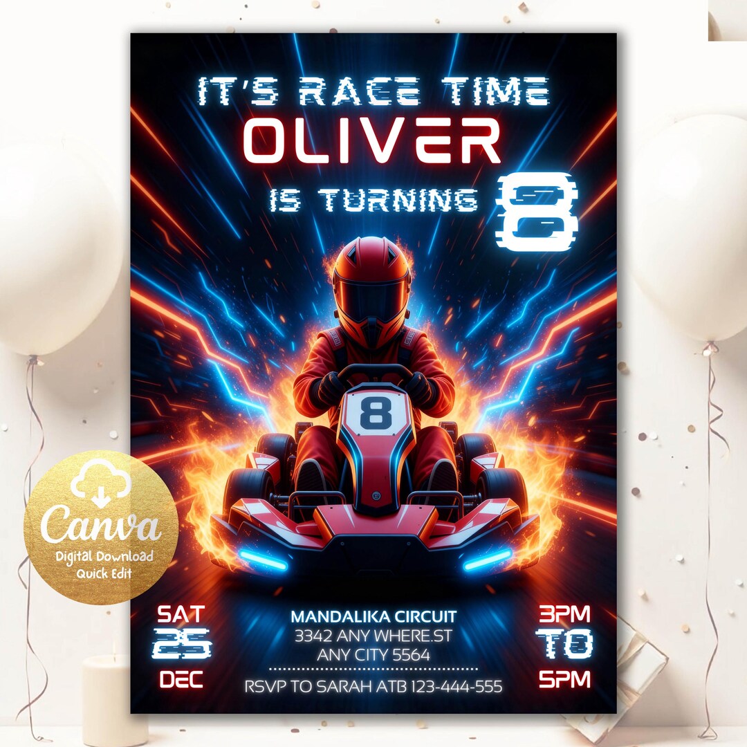 Go Kart Birthday Invitation, Go Karting Racing Invite, Go Kart Birthday ...