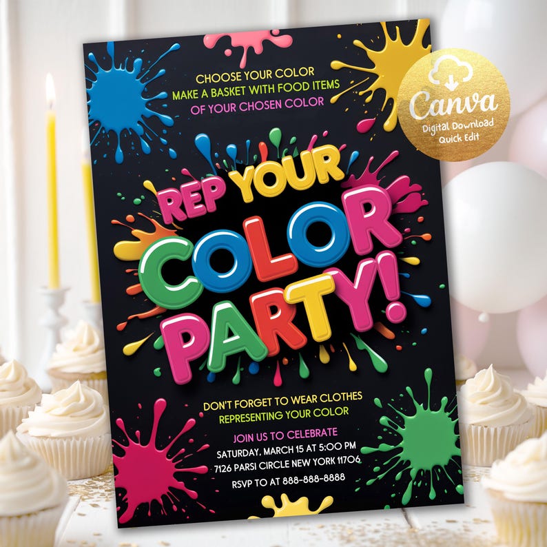Rep Your Color Party Invitation, Colour Party, Coloring Rainbow ...