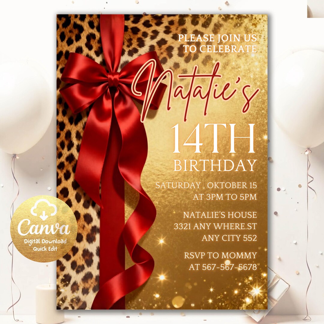 Cheetah Cherries Birthday Invitation, Neon Pink Red Leopard Invite ...
