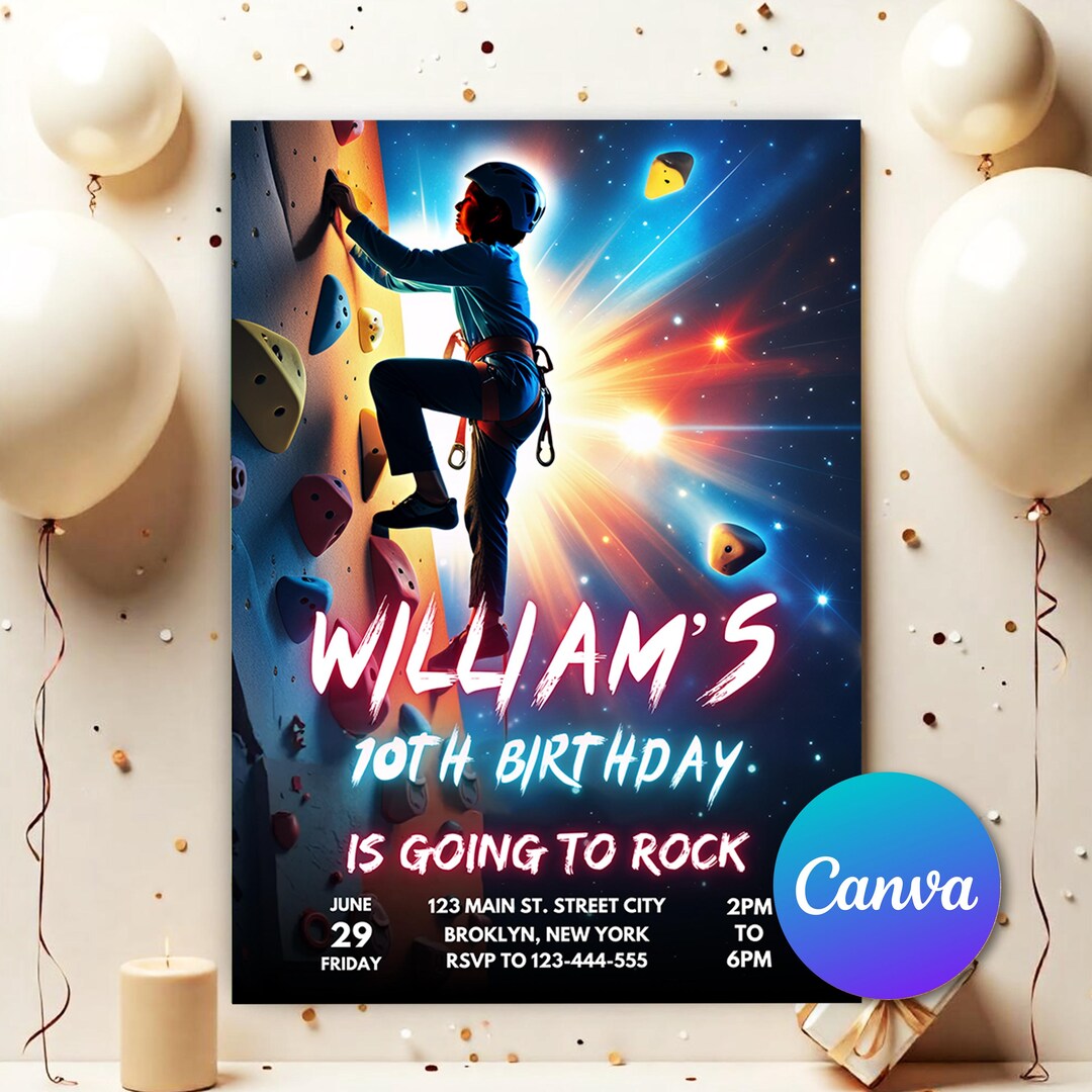 Boy Rock Climbing Birthday Invitation, Printable Rock Wall Party ...
