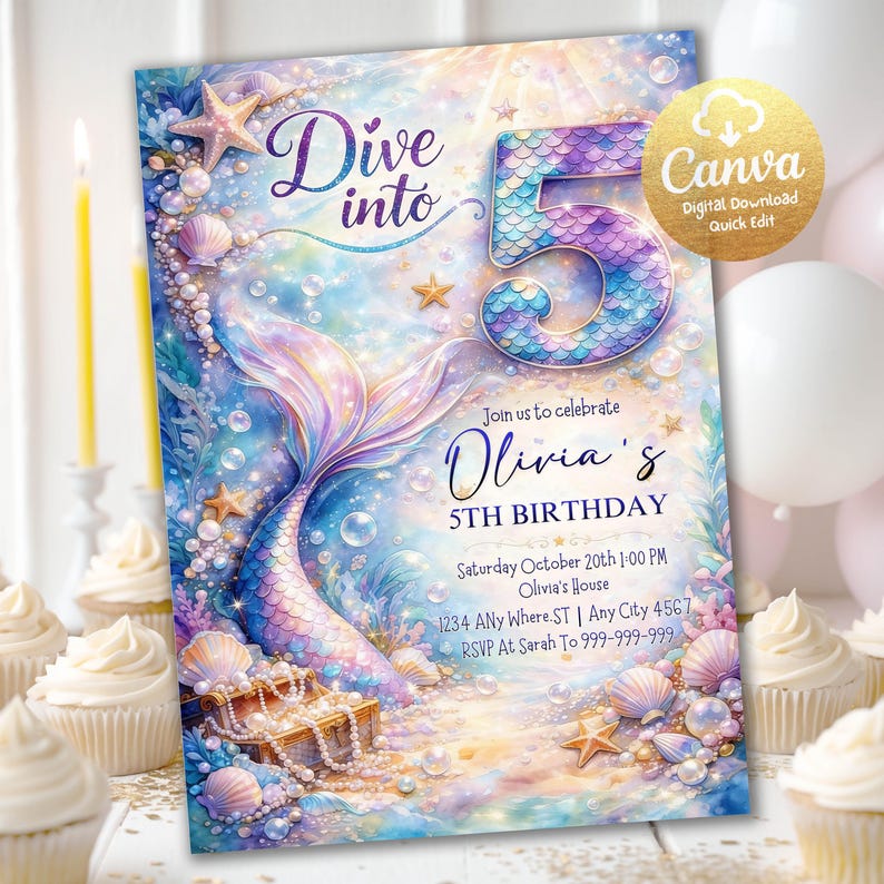 Mermaid Tail 5th Birthday Invitation, Dive Into Five Under the Sea ...