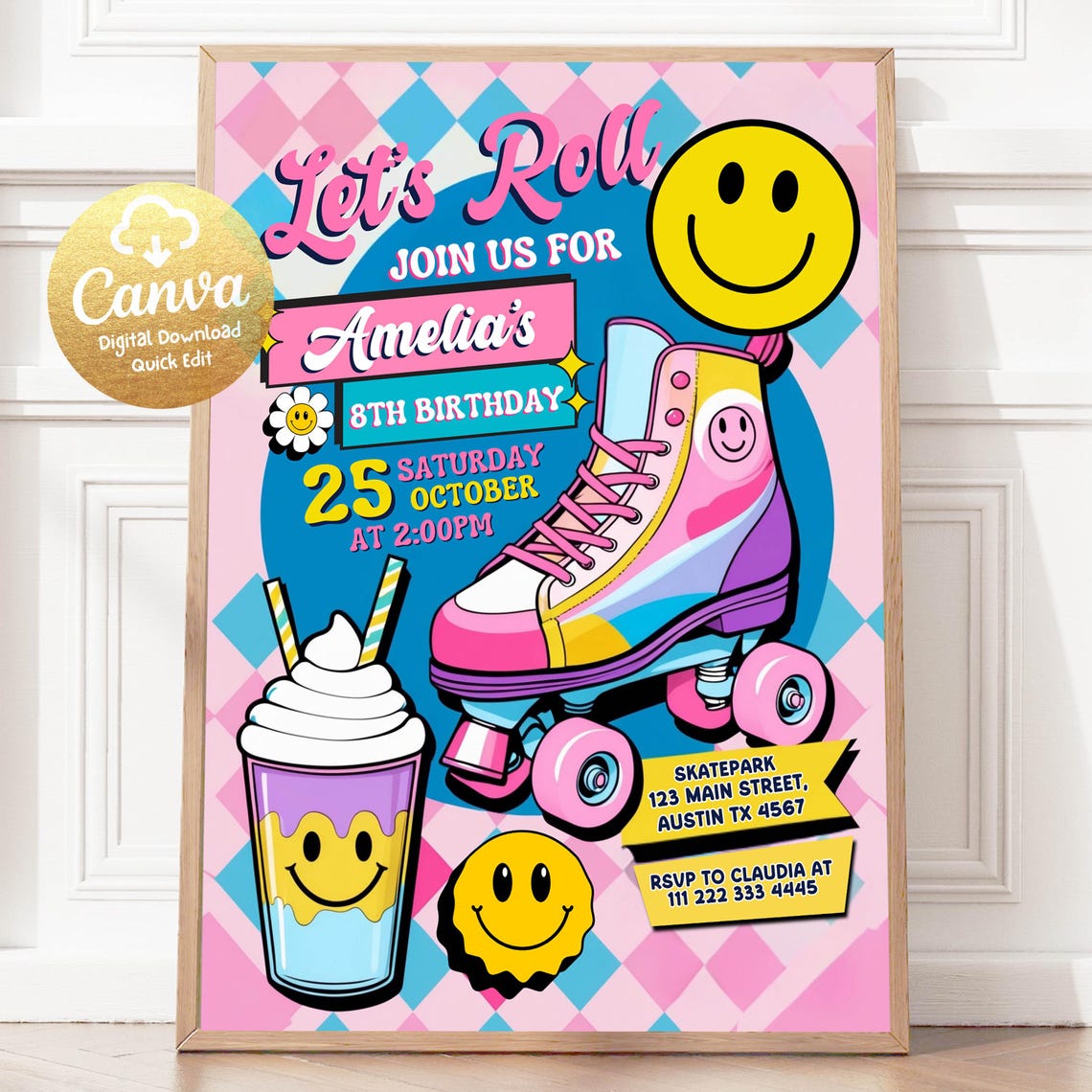 Let's Roll Roller Skate Birthday Party Invitation, Retro Roller Rainbow ...