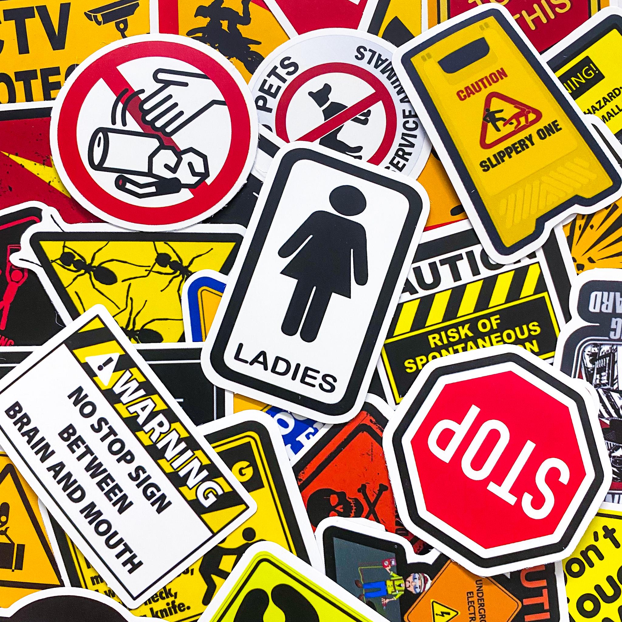 50 Random Warning Sign Stickers Pack, Funny Caution Stickers, Hazard ...