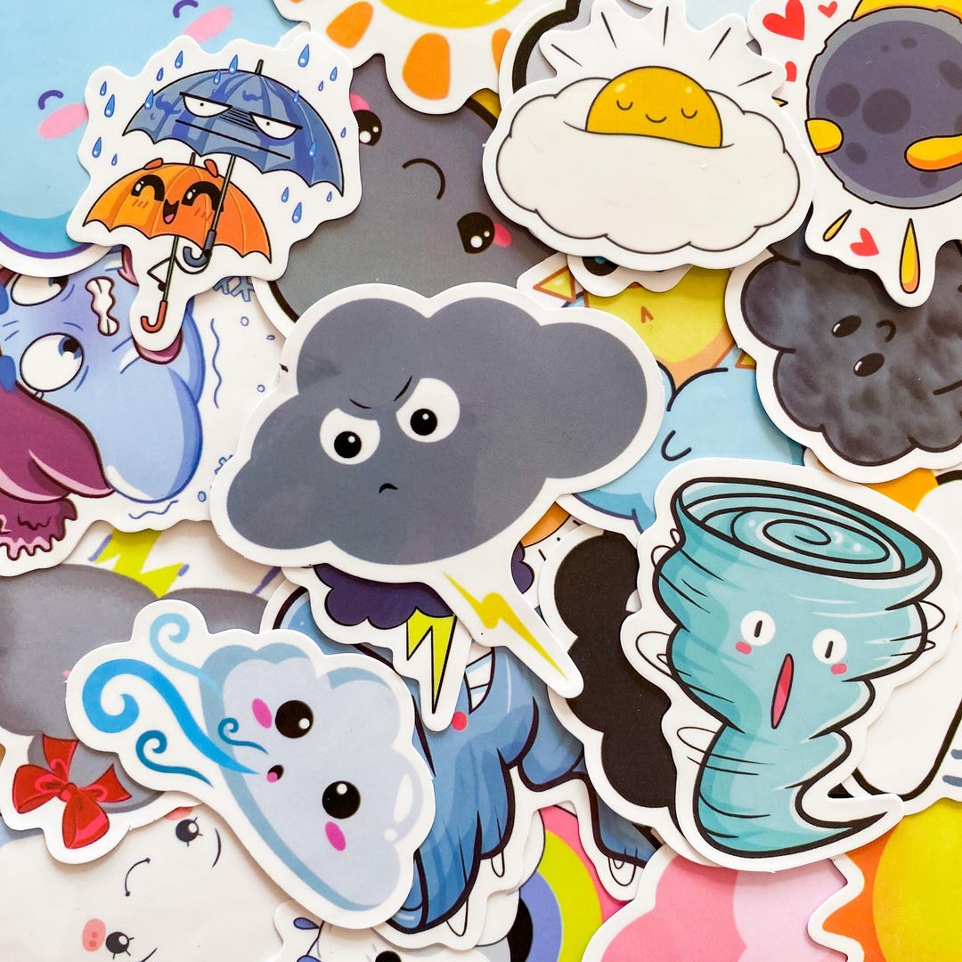 50 Random Cartoon Weather Stickers, Cute Sun and Cloud Stickers ...