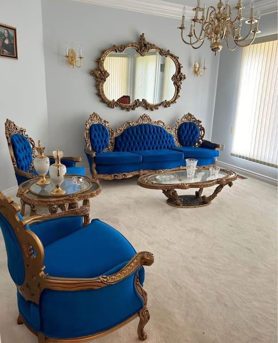 Rococo Revival Living Room Set | Blue Velvet Salon Set | Carved Wood ...