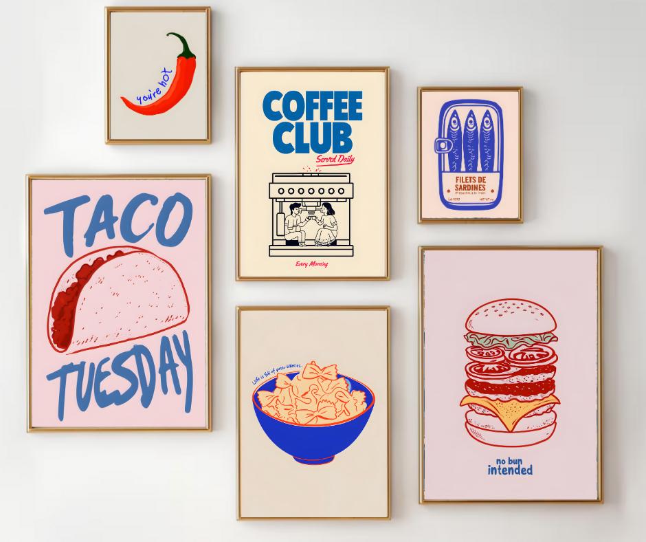 Kitchen Art Print Set of 12 – Retro Food Prints, Trendy Gallery Wall ...