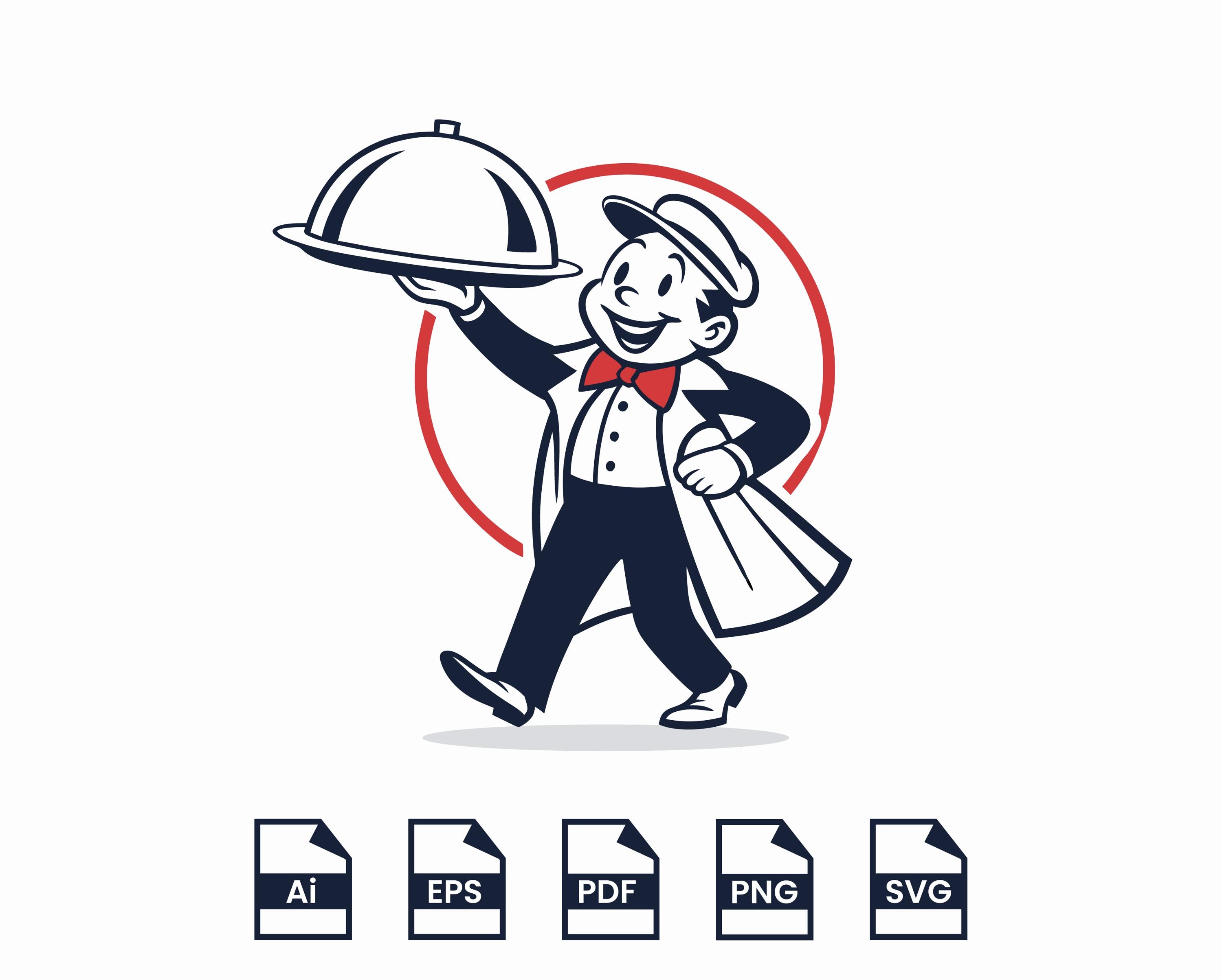 Waiter Mascot SVG, Hotel & Restaurant Waiter Mascot, Vector Mascot Logo ...