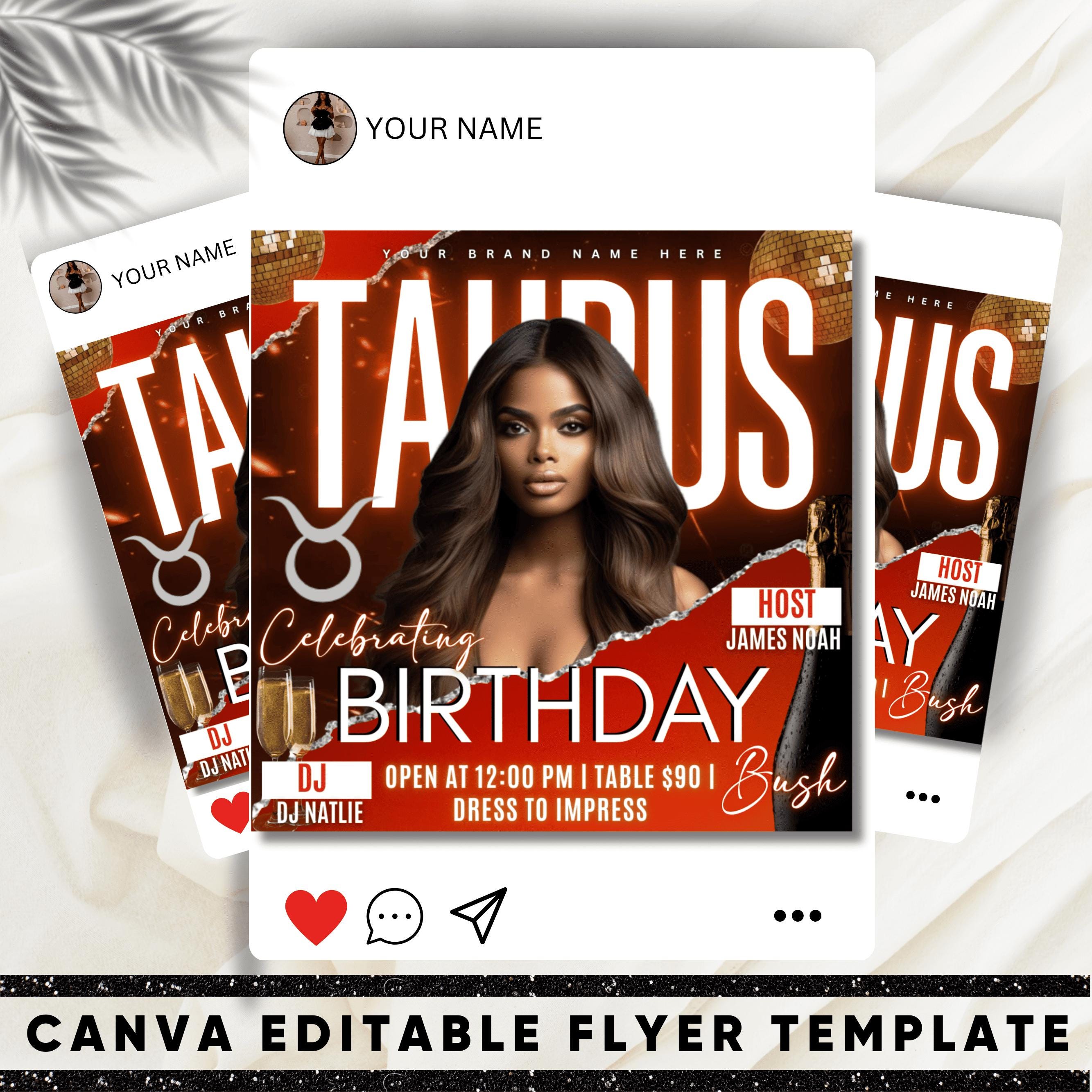 Taurus Birthday Party Flyer, Editable Canva Template (digital Download ...