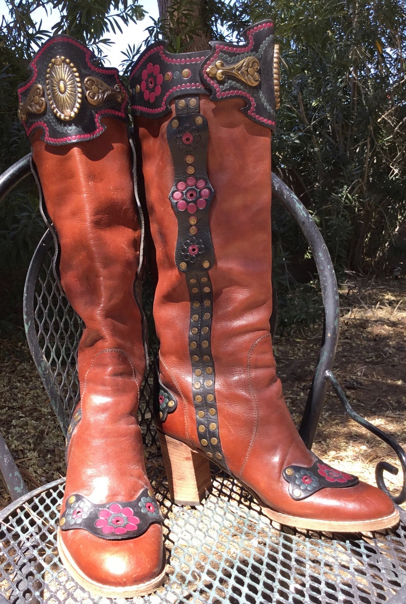 Runway Anna Sui Boots Beautiful Inlaid Embossed Tooled Flower Hardware ...