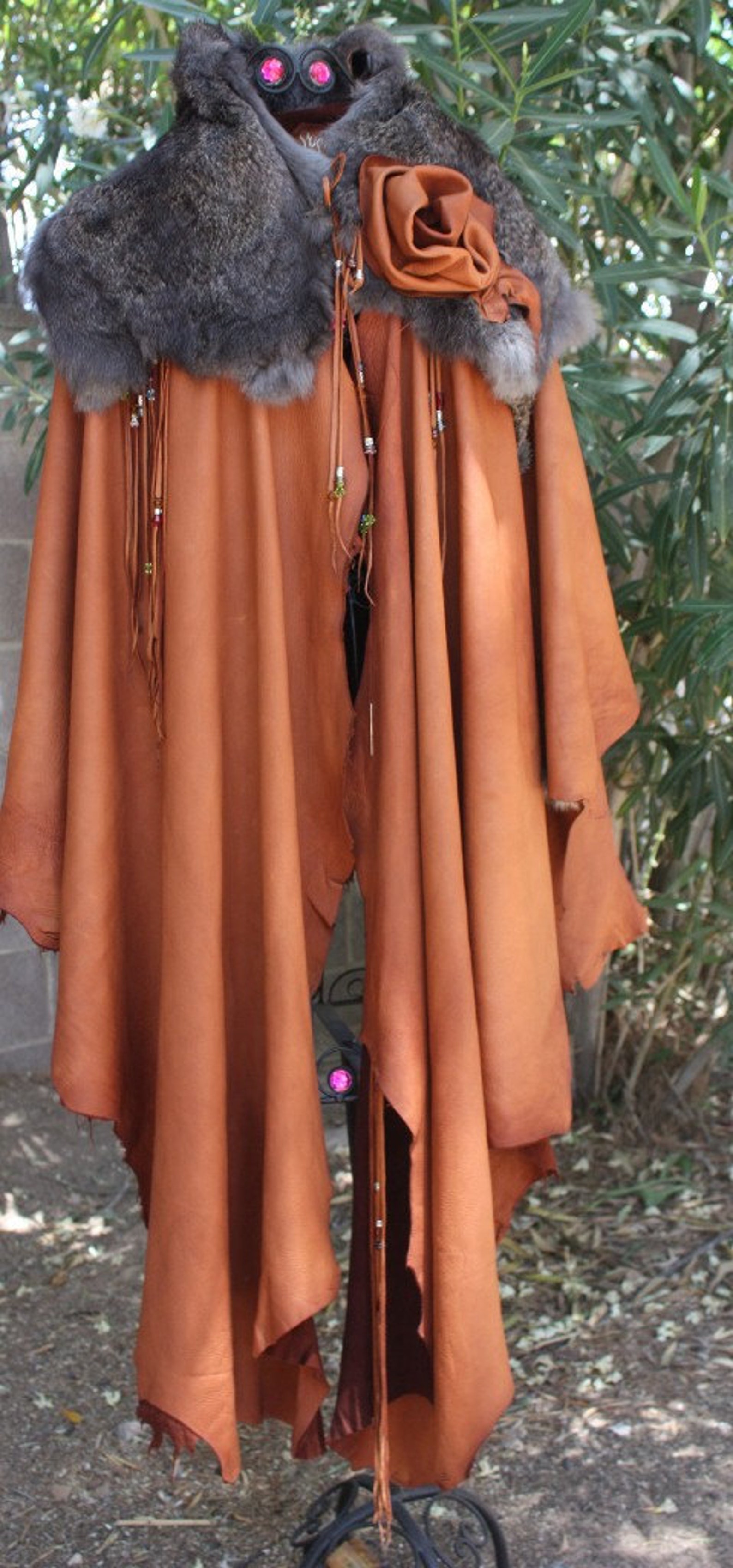Showdiva Designs Leather Cape Poncho Rabbit Collar Capelet Beaded ...