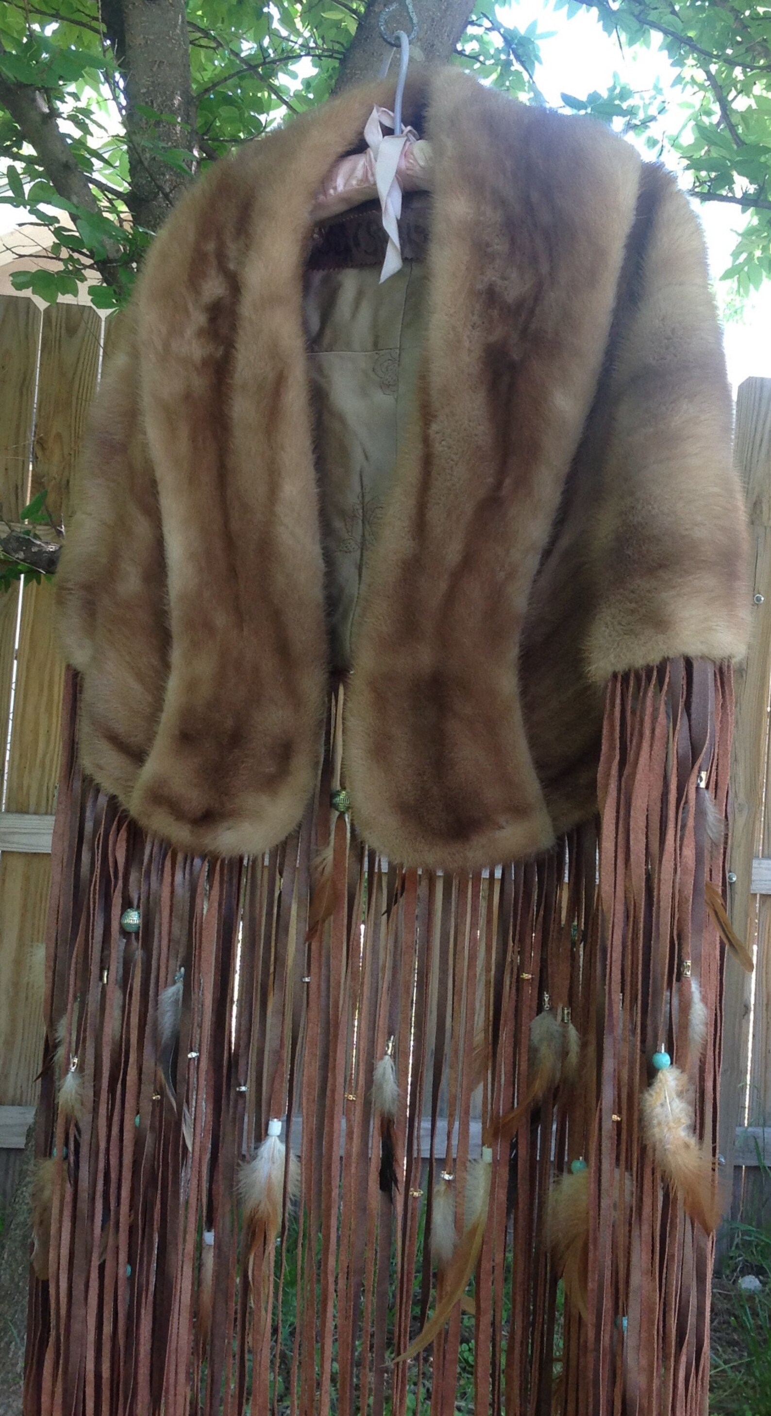 Showdiva Designs Dramatic Mink Cape With Floor Length Beaded Fringe N ...