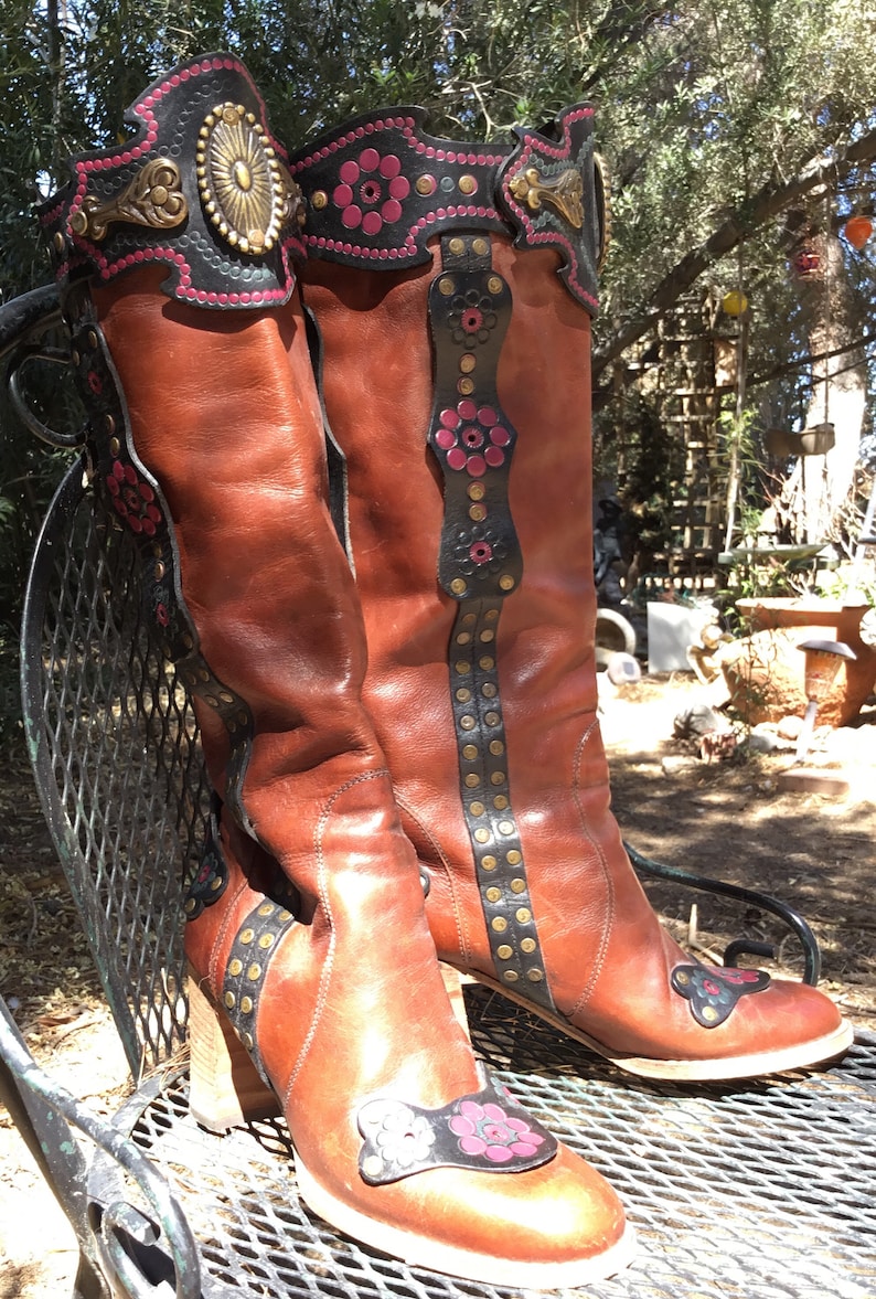 Runway Anna Sui Boots Beautiful Inlaid Embossed Tooled Flower Hardware ...