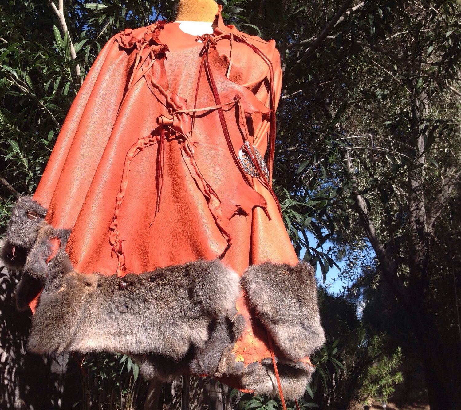 Showdiva Designs Leather Rabbit Trim Cape With Beads Fringe - Etsy