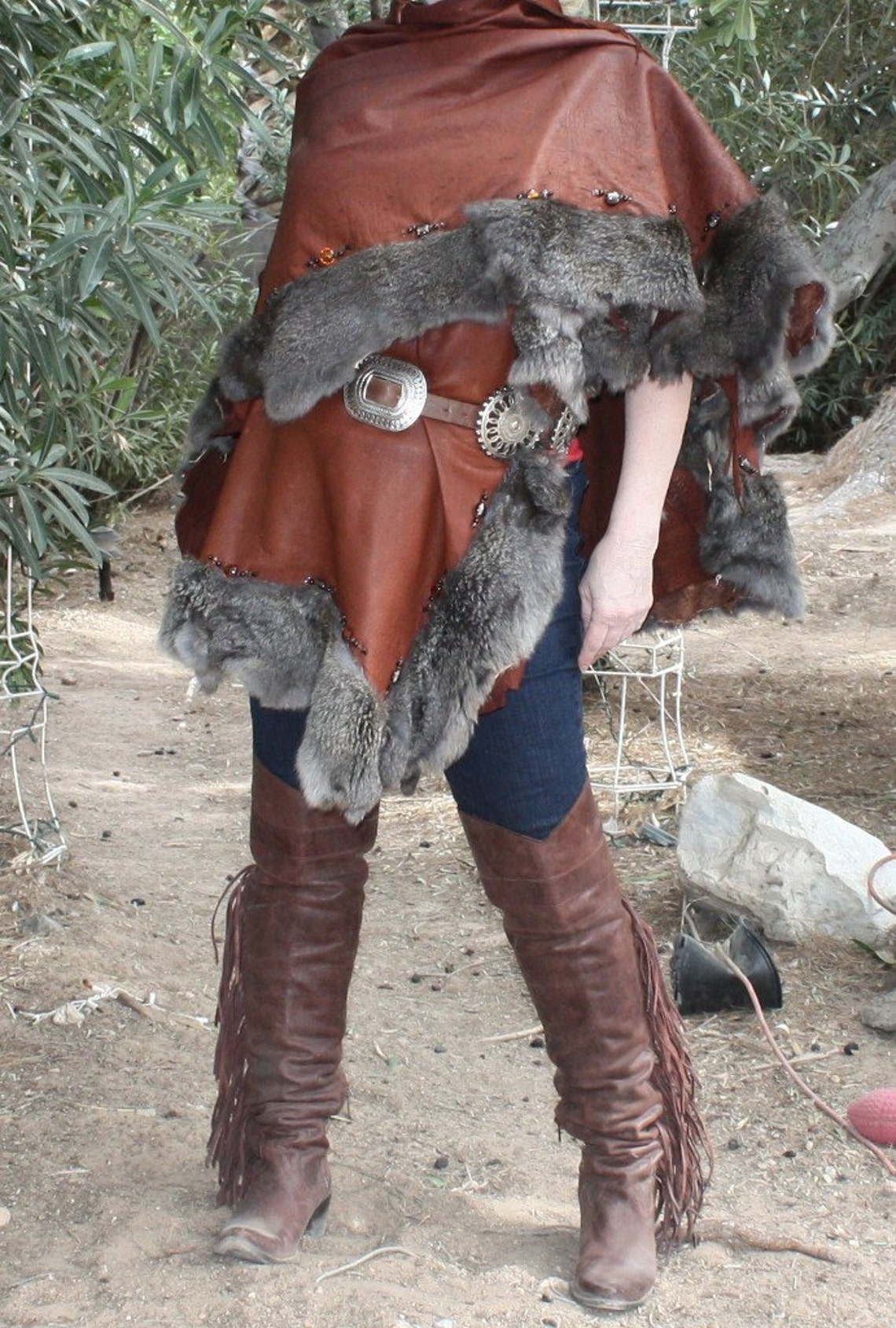 Showdiva Designs Leather Cape Trimmed With Rabbit and Glass Beads - Etsy