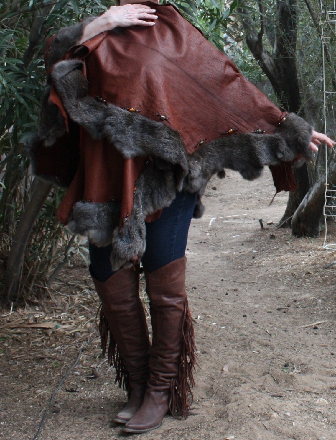 Showdiva Designs Leather Cape Trimmed With Rabbit and Glass Beads - Etsy