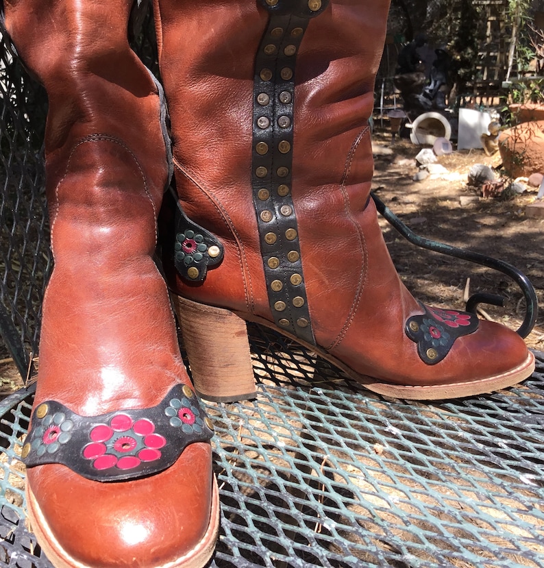 Runway Anna Sui Boots Beautiful Inlaid Embossed Tooled Flower Hardware ...