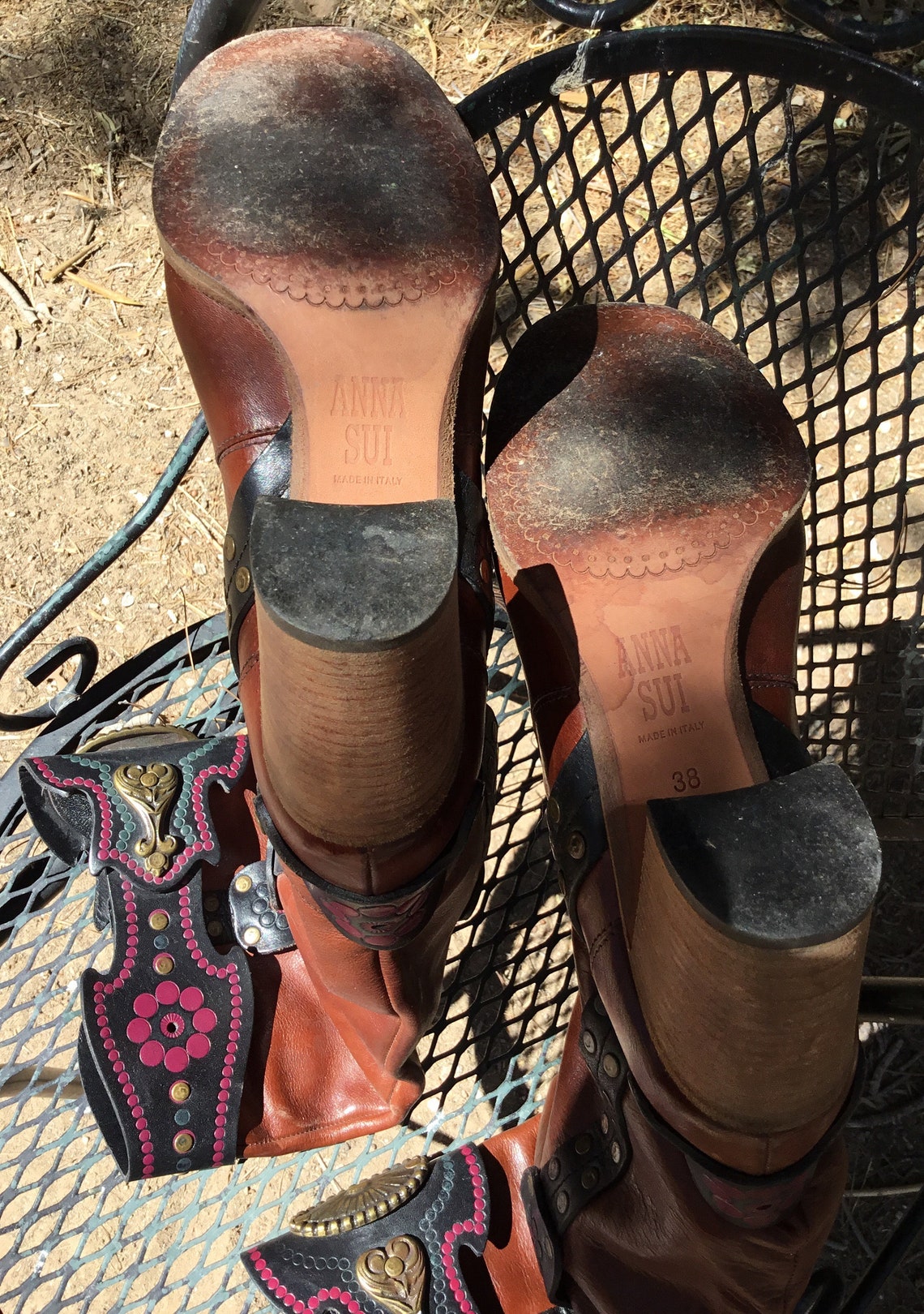 Runway Anna Sui Boots Beautiful Inlaid Embossed Tooled Flower Hardware ...