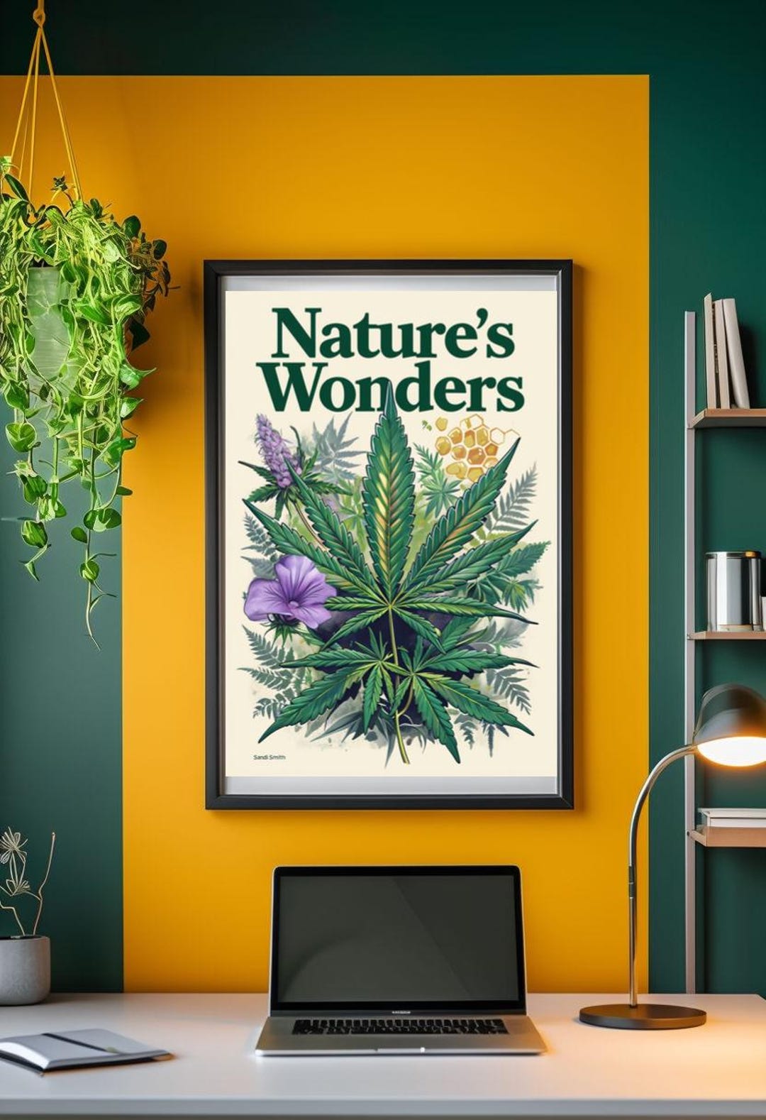 Whimsical Cannabis Leaf Poster With Purple Flowers | Hexagon Weed Wall ...