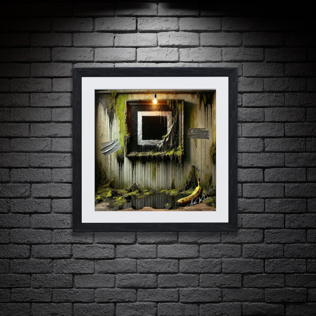 Surreal Dystopian Art Print: Decayed Black Square, Absurdist Banana ...