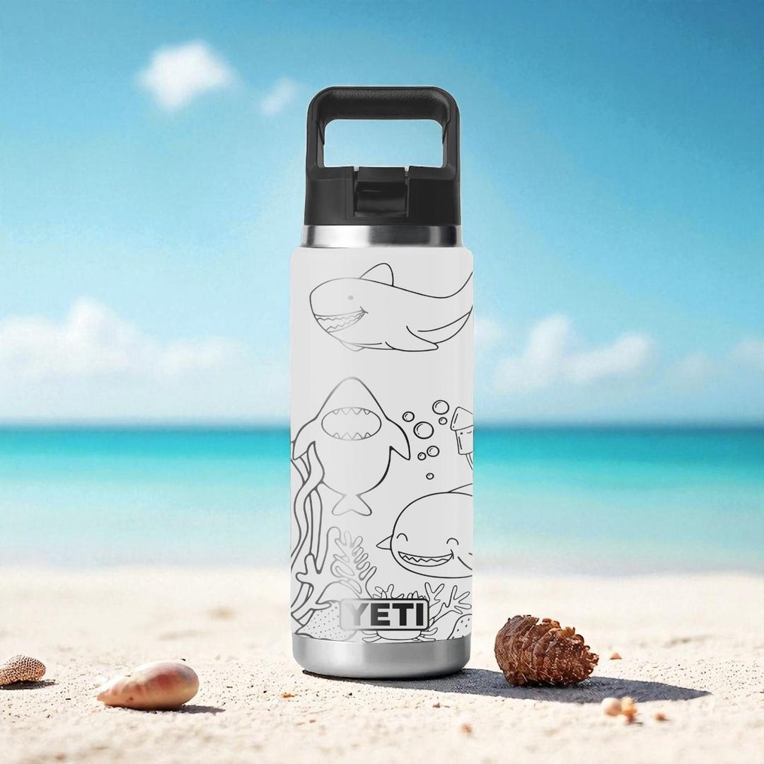 Shark Party YETI Tumbler – Engraved Ocean Fun Design – Rambler 12oz ...