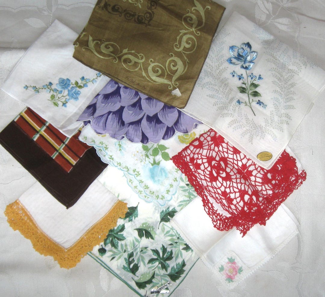 10 Hanky Vintage Floral Embroidered Crochet Edge Handkerchief Hankies ...