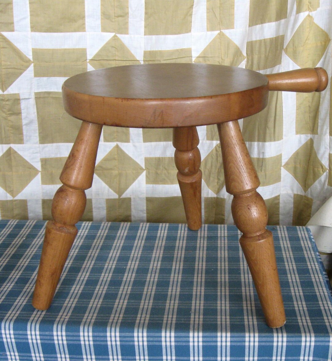Vintage Wooden Footstool 3 Legged Wood Milking Stool With Handle Bench ...