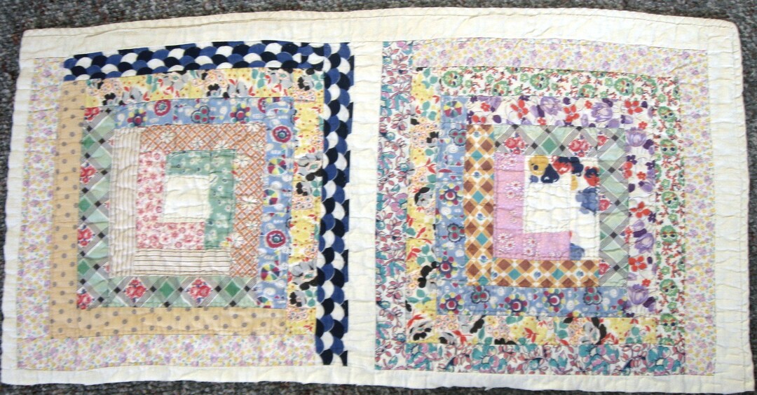 Vintage Quilt Piece Repurpose Log Cabin Patchwork Cutter Quilt 30 by 14 ...