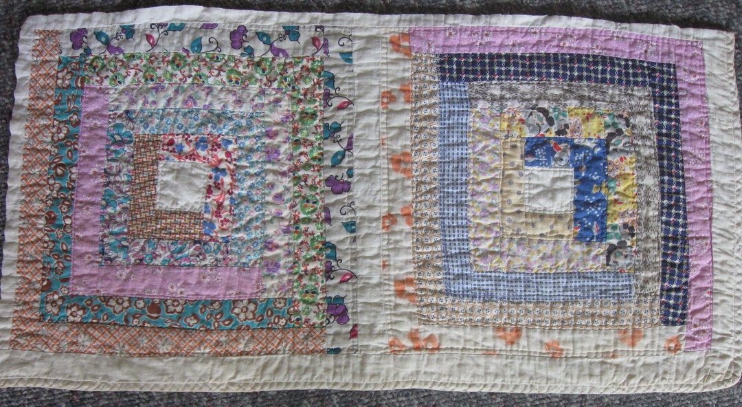 Vintage Quilt Piece Repurpose Log Cabin Patchwork Cutter Quilt 30 by 14 ...