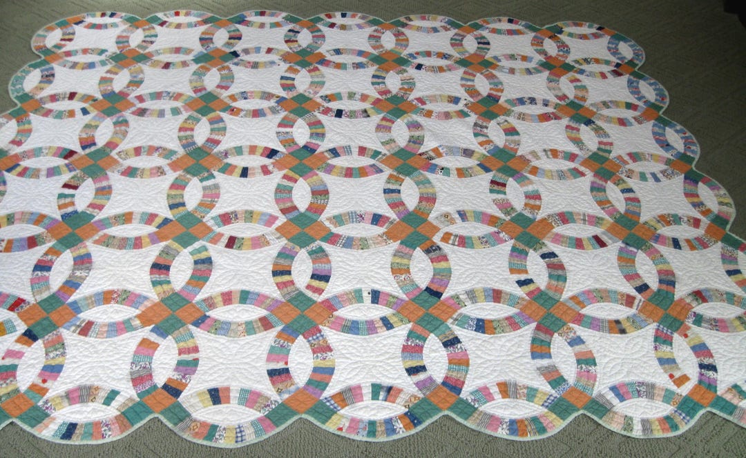 Vintage Antique Double Wedding Ring Patchwork Quilt Scalloped Edges Hand Sewn Farmhouse - Etsy