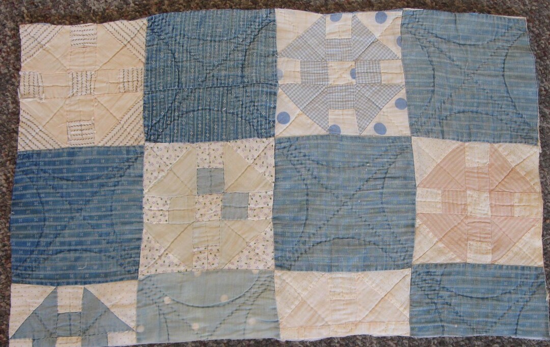 Vintage Quilt Piece Repurpose Primitive Patchwork Monkey Wrench Blue Calico Cutter Quilt Project ...
