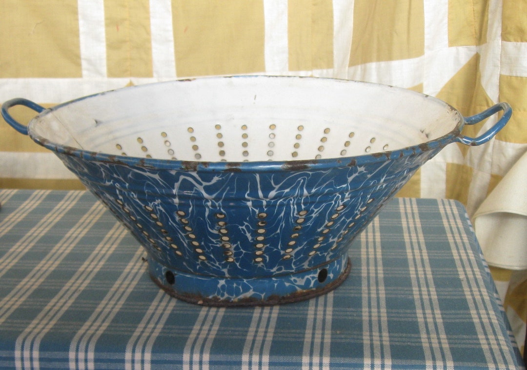 Vintage Colander Enamelware Blue White Swirl Footed Colander Strainer ...