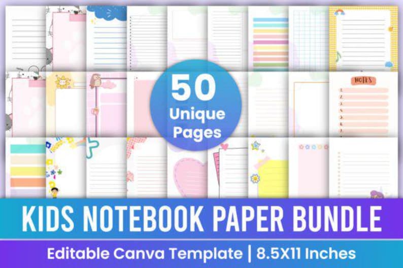 Kids Notebook Paper Bundle | 50 Editable Canva Templates | 8.5x11 Inch ...