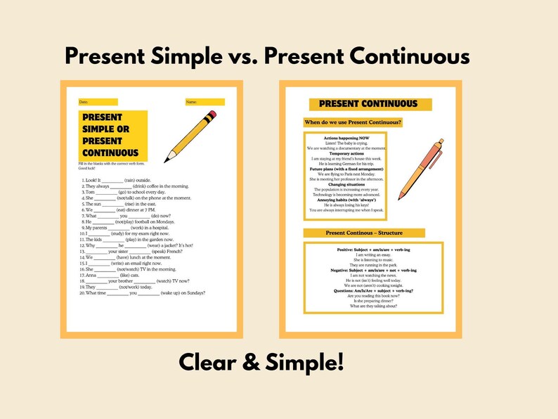 Hoja de trabajo de presente simple y presente continuo / Práctica de gramática / Plantilla de ...