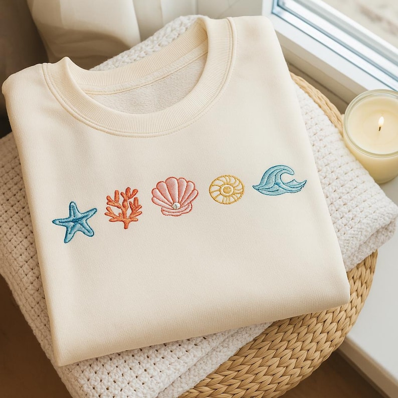 Minimalist Beach Embroidered Sweatshirt, Starfish Coral Wave Icons ...