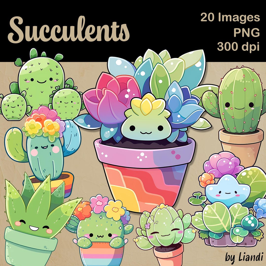 Kawaii Succulents Clipart - 20 Cute and Colorful Succulent and Cactus ...