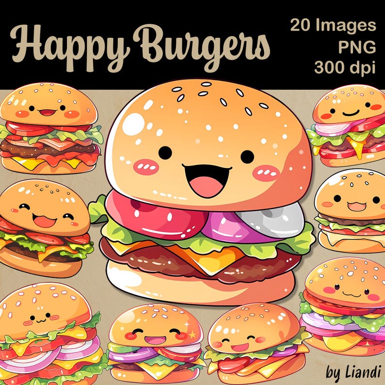 Kawaii Burgers Clipart - 20 Cute and Happy Hamburger Graphics for DIY ...