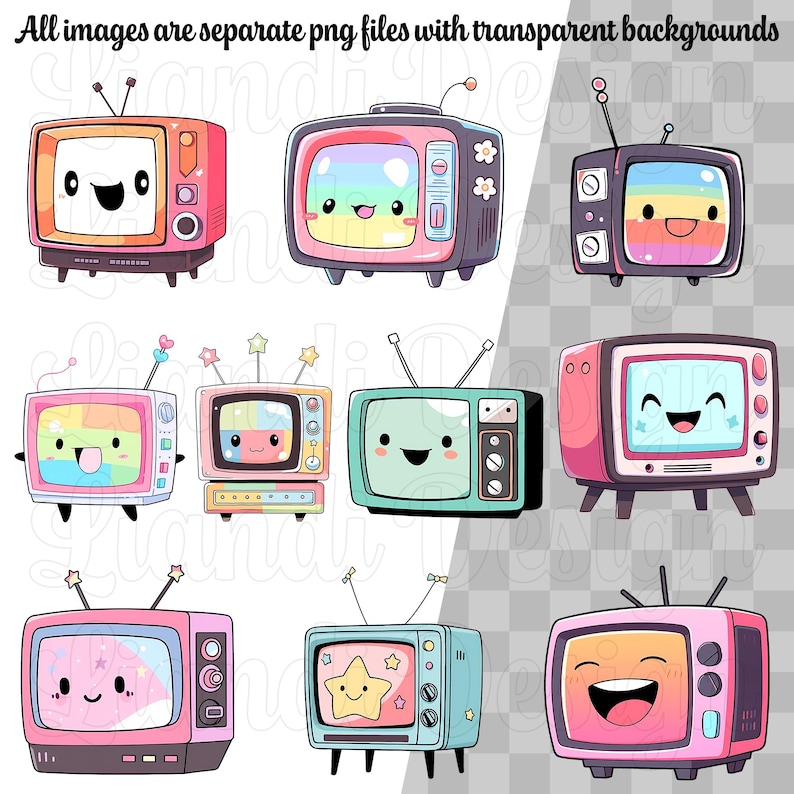 Kawaii Retro TV Sets Clipart - 20 Cute and Colorful Retro Television ...