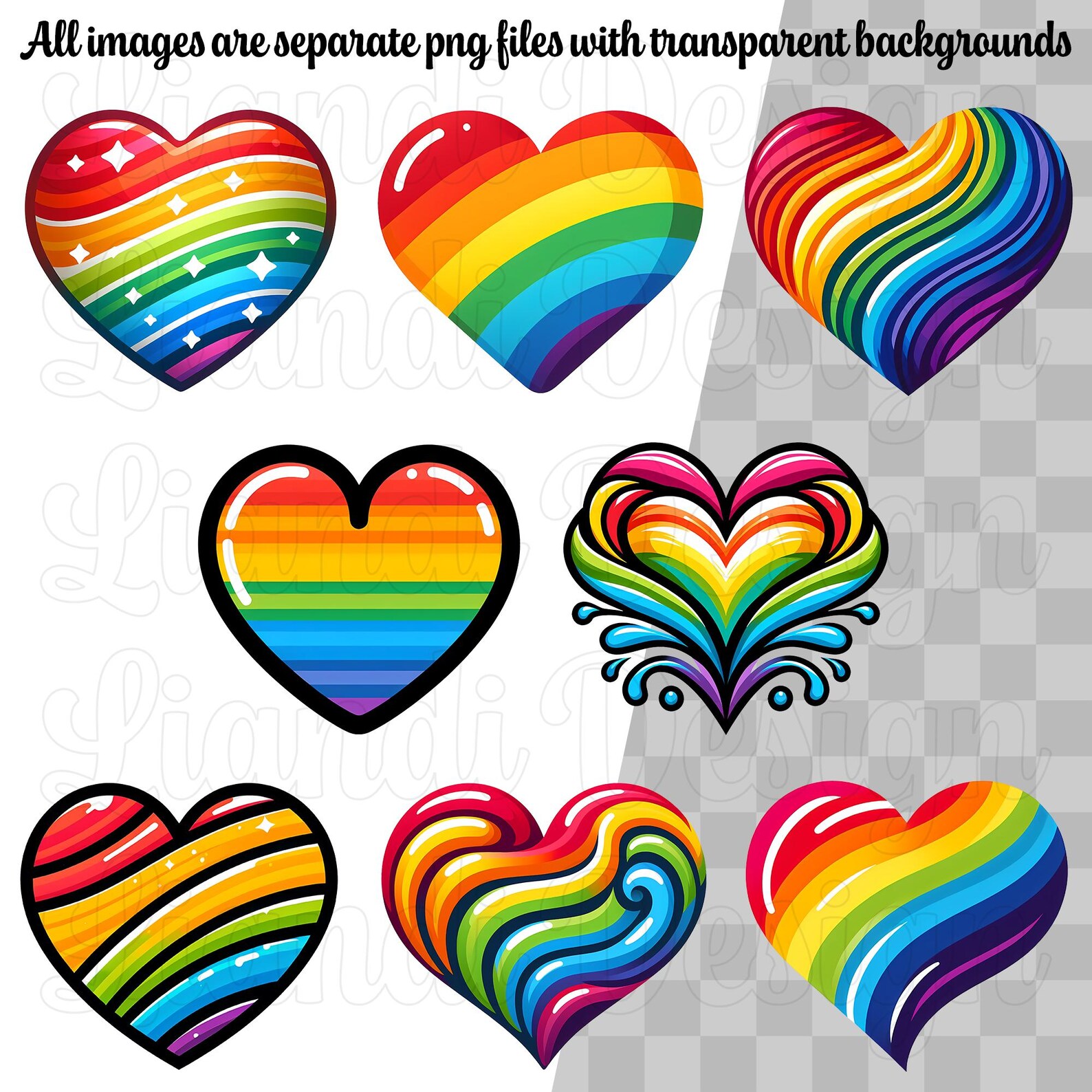 Rainbow Hearts Clipart - 15 Colorful Rainbow Heart Graphics for DIY ...