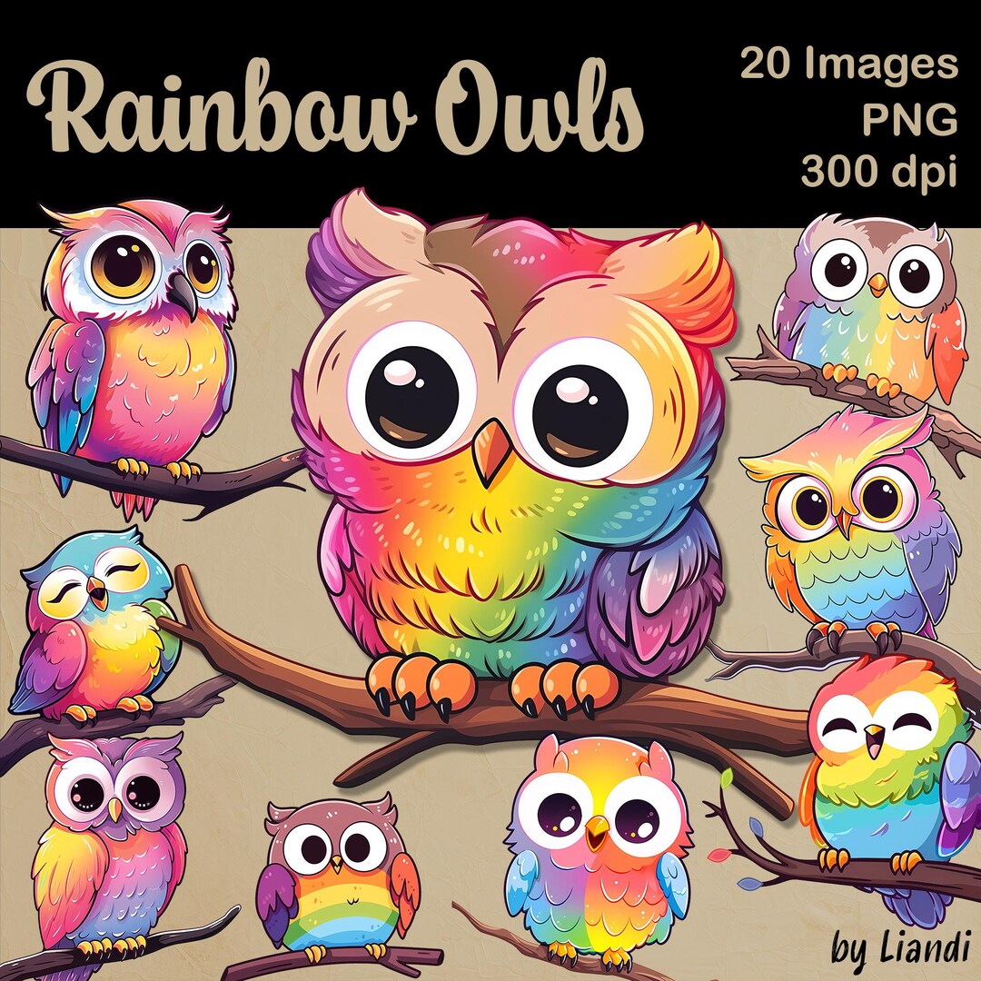Kawaii Rainbow Owls Clipart - 20 Cute and Colorful Owl Bird Graphics ...