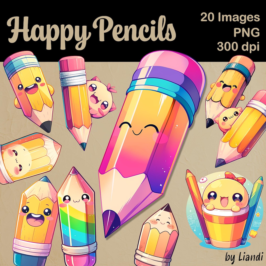 Kawaii Pencils Clipart - 20 Cute and Colorful School Stationery ...