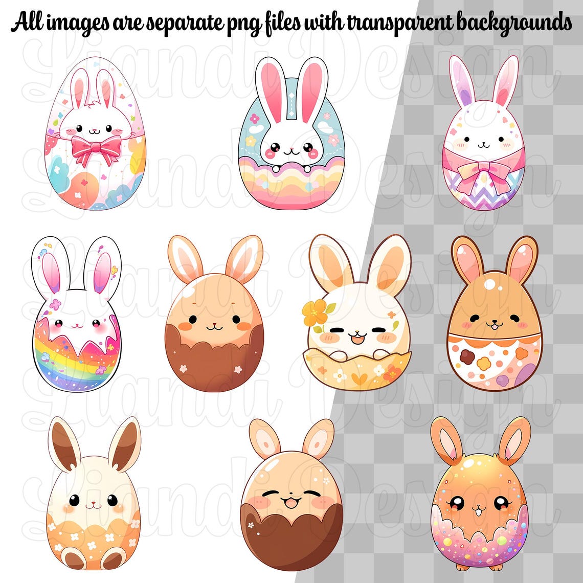 Kawaii Easter Bunny Eggs Clipart - 20 Cute Easter Egg With Bunny Ears ...