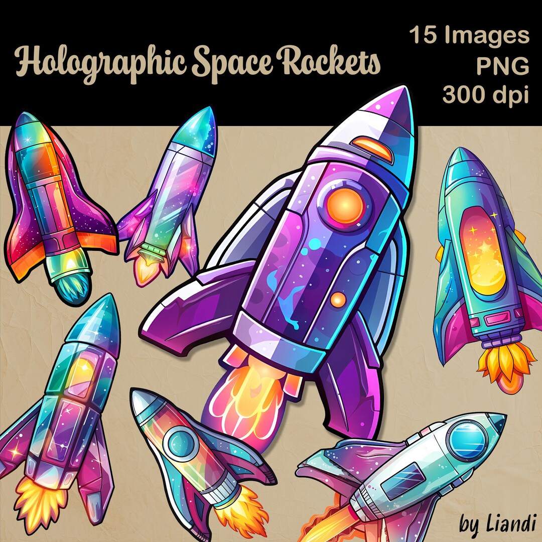 Holographic Space Rockets Clipart - 15 Colorful Iridescent Spaceship ...