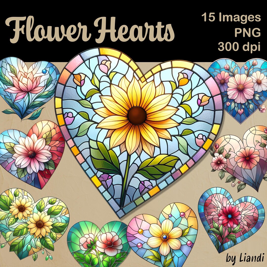 Stained Glass Flower Hearts Clipart - 15 Colorful Floral Heart Graphics ...