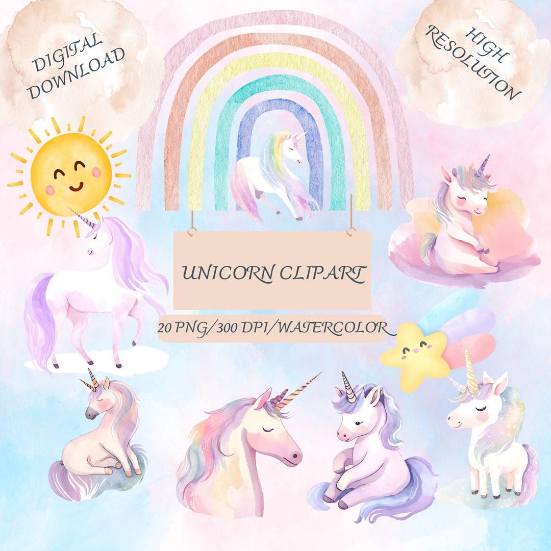 Watercolor Pastel Unicorn Clipart, Cute Baby Unicorn PNG, Rainbow Pony ...