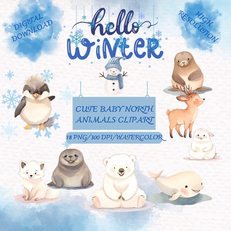 Watercolor Arctic Animals Clipart , Cute Polar Bear and Penguin PNG ...
